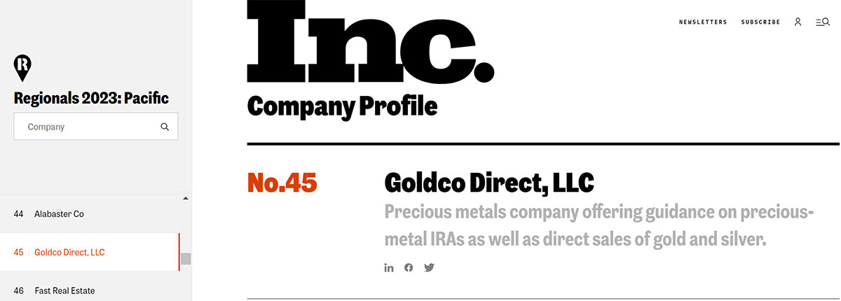 Goldco Makes Inc.com's Regionals Pacific 2023 List - MFMetal.net